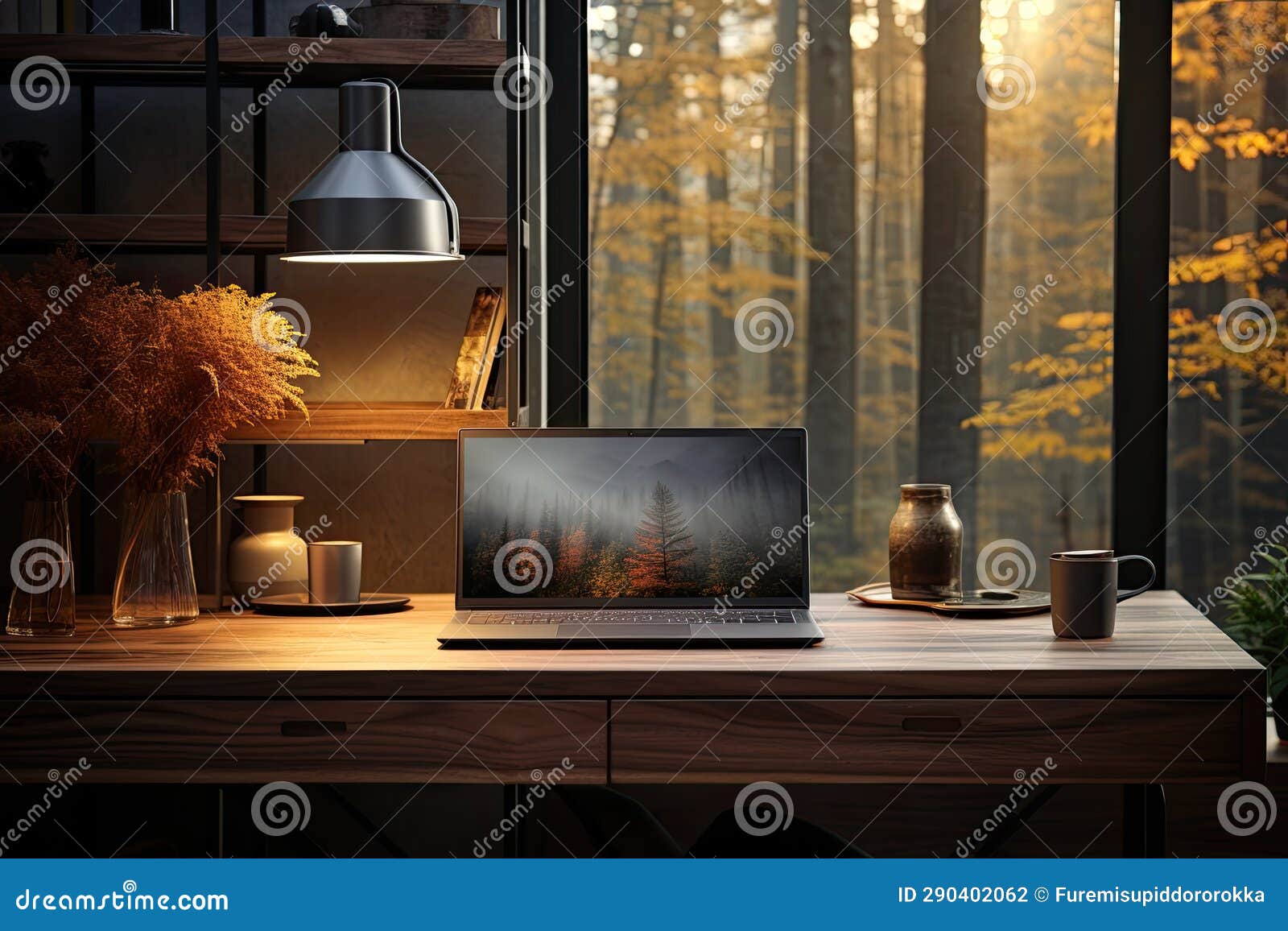 A Horizontal Photograph of a Modern Workspace with a Laptop and ...
