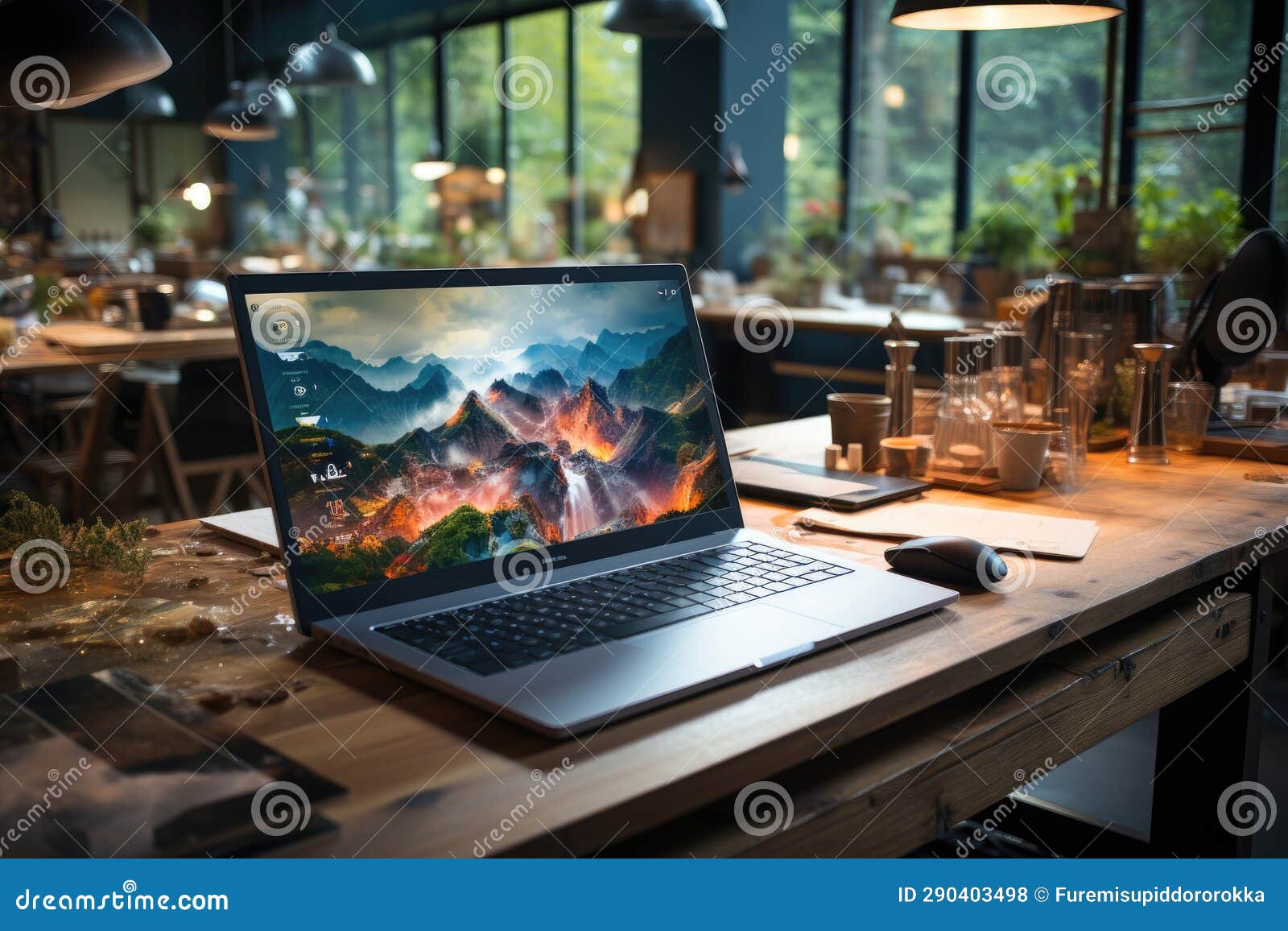 A Horizontal Photograph of a Modern Workspace with a Laptop and ...