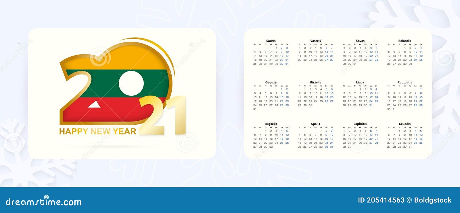 Horizontal Pocket Calendar 2021 in Lithuanian Language. New Year 2021 ...
