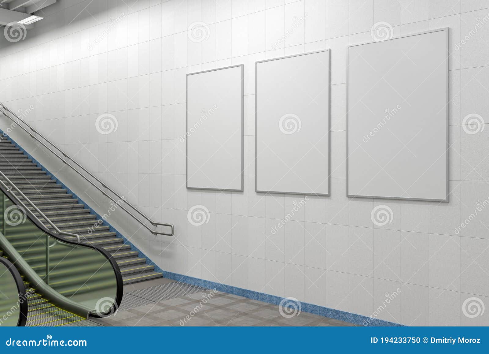 Horizontal Poster Mock Up on the Wall with Escalator and Stairs Stock ...