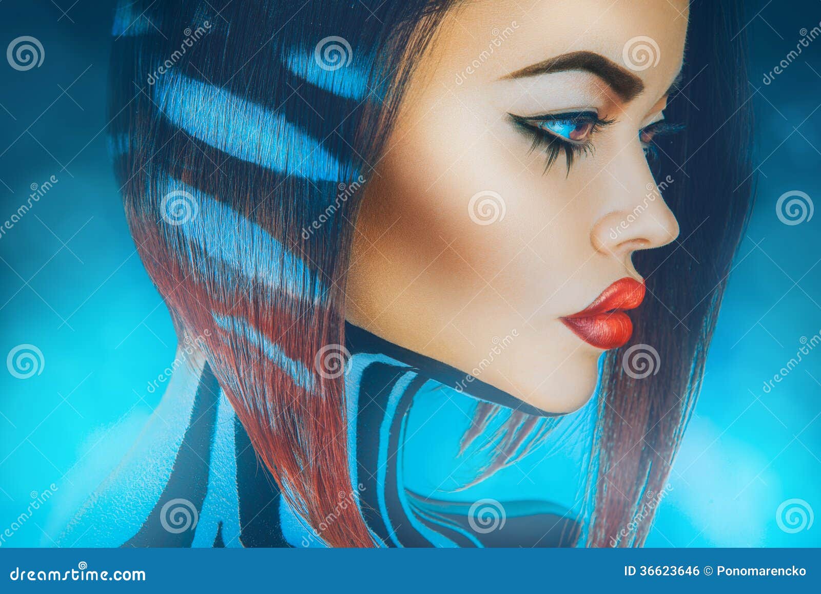 Horizontal Profile Portrait of Cute Woman in Studio Stock Photo - Image ...