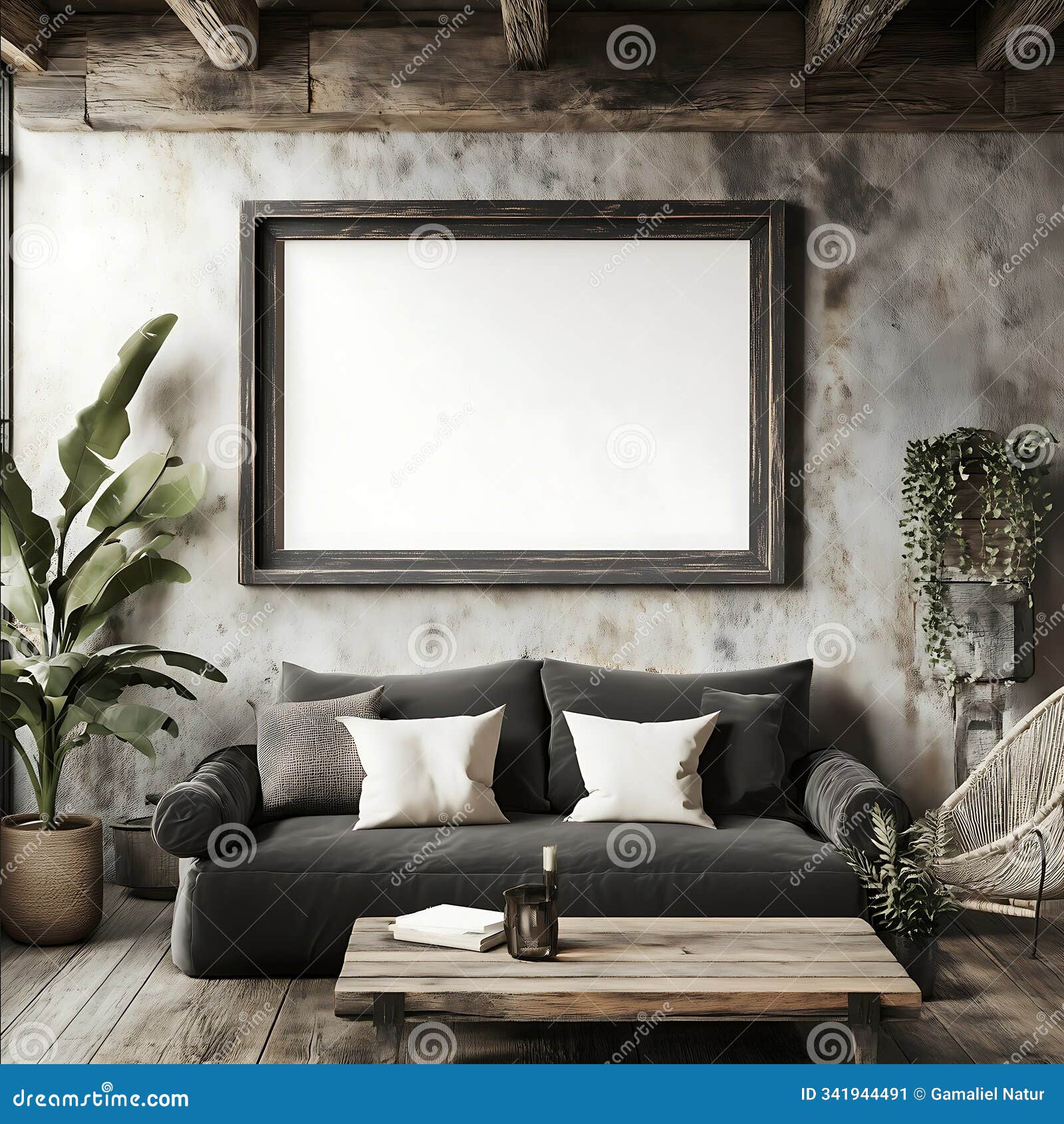 Rustic Lounge With Rattan Armchair And Coffee Table, Parquet Floor ...