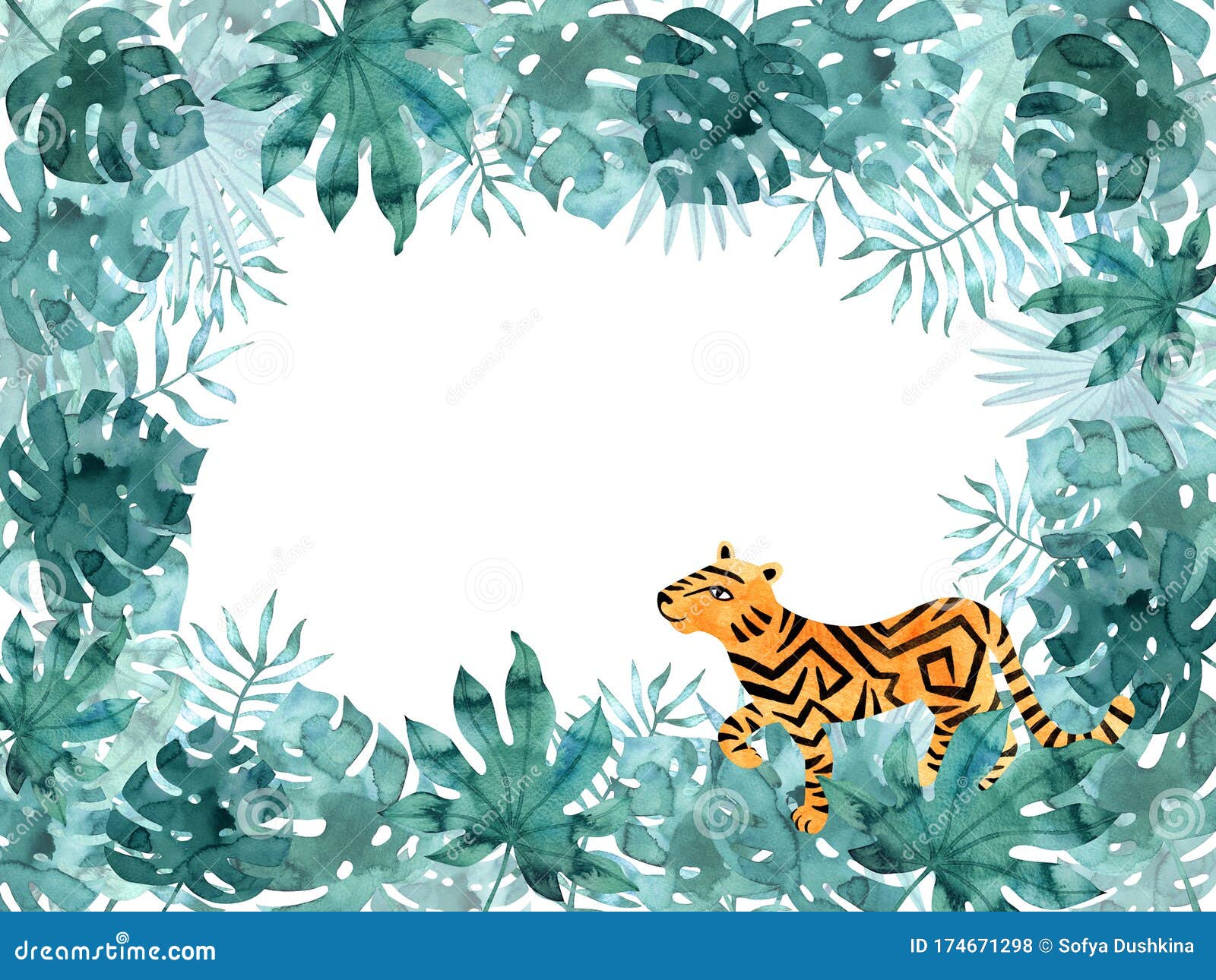 Horizontal Rectangular Frame Template with Watercolor Tropical Leaves ...