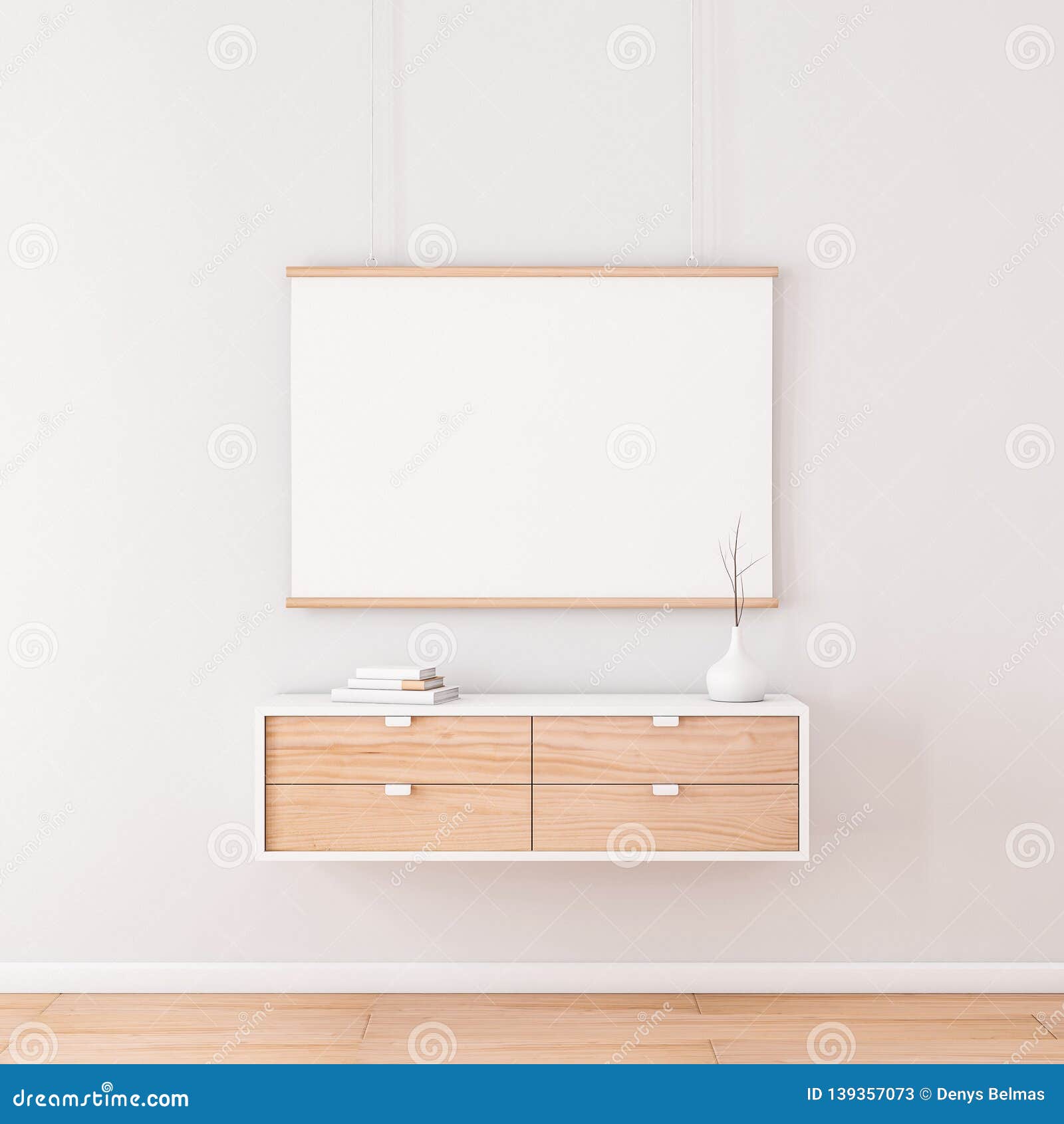 Horizontal Roll Up Poster Mockup Hanging on the Wall in Modern Interior ...