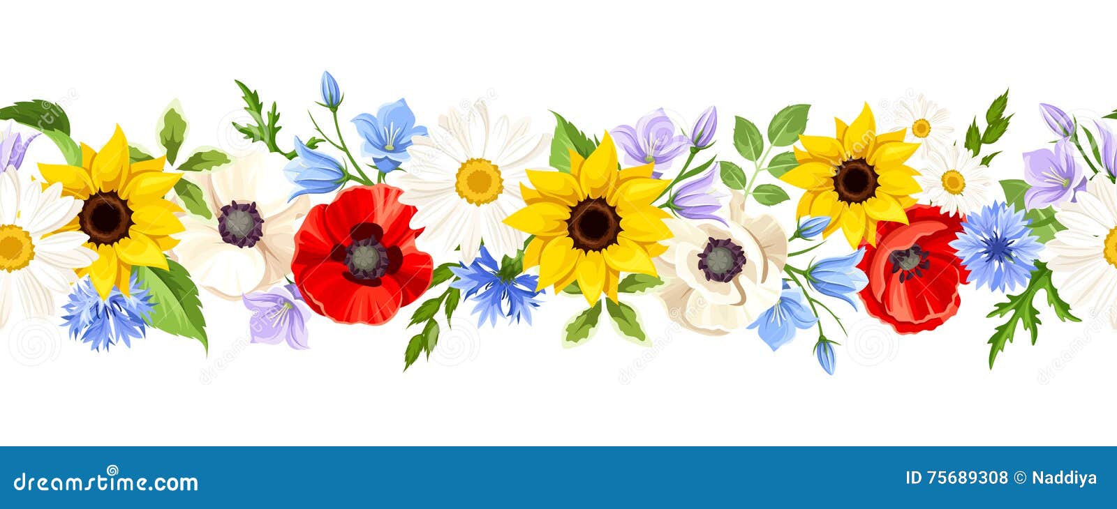 Horizontal Seamless Background with Colorful Flowers. Vector ... Horizontal Seamless Background with Colorful Flowers. Vector ...