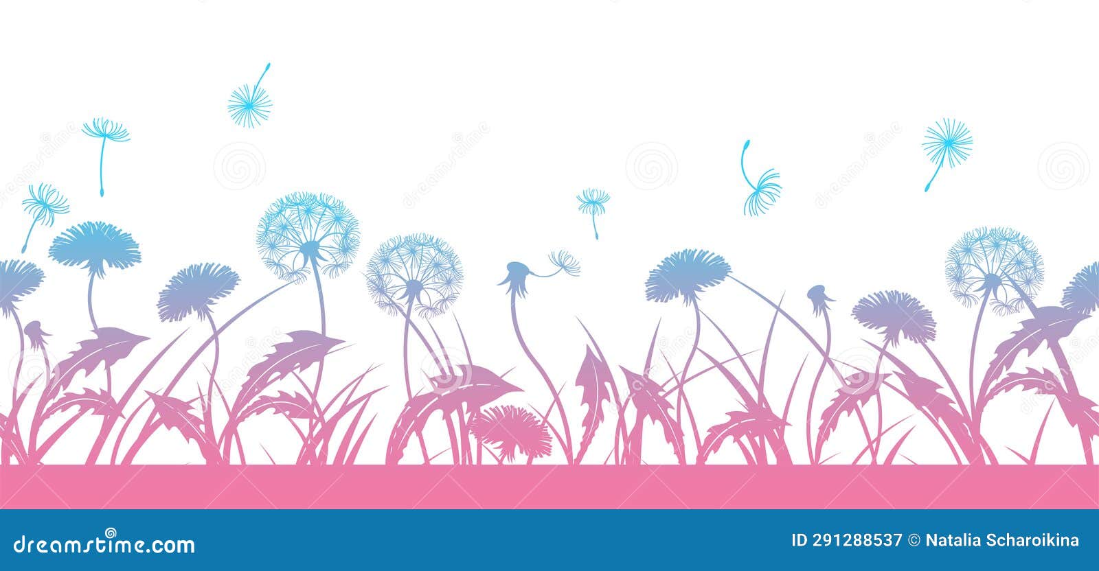Horizontal Seamless Background of Grass and Dandelions, Flowers, Fluff ...