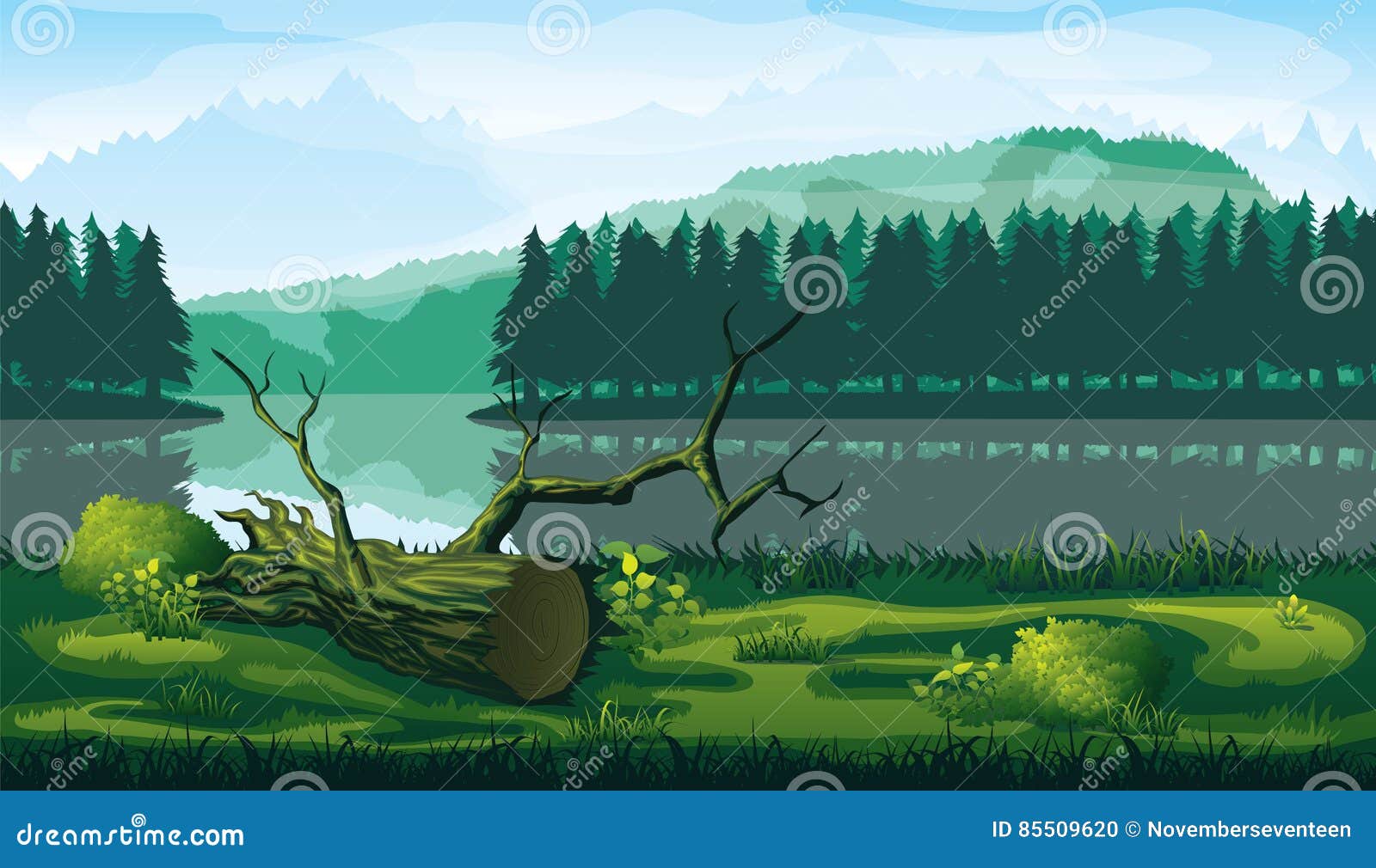 Horizontal Seamless Background of Landscape with River, Forest and ...