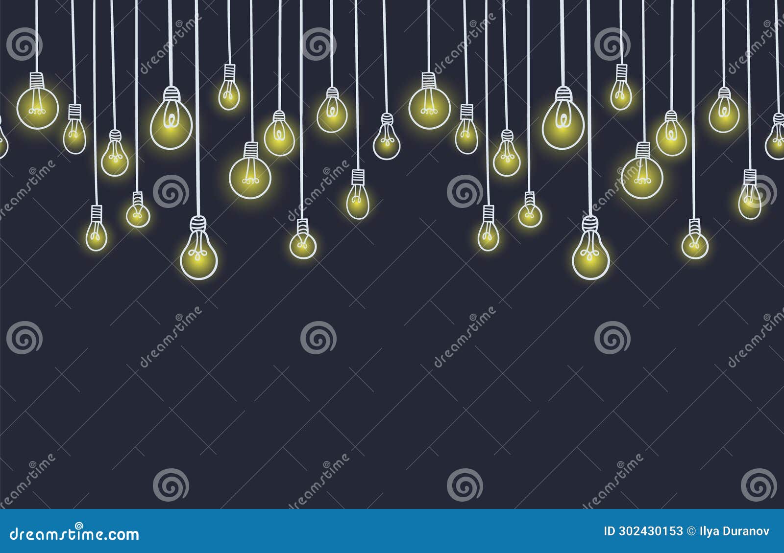 Horizontal Seamless Border with Glowing Light Bulbs and Copy Space ...