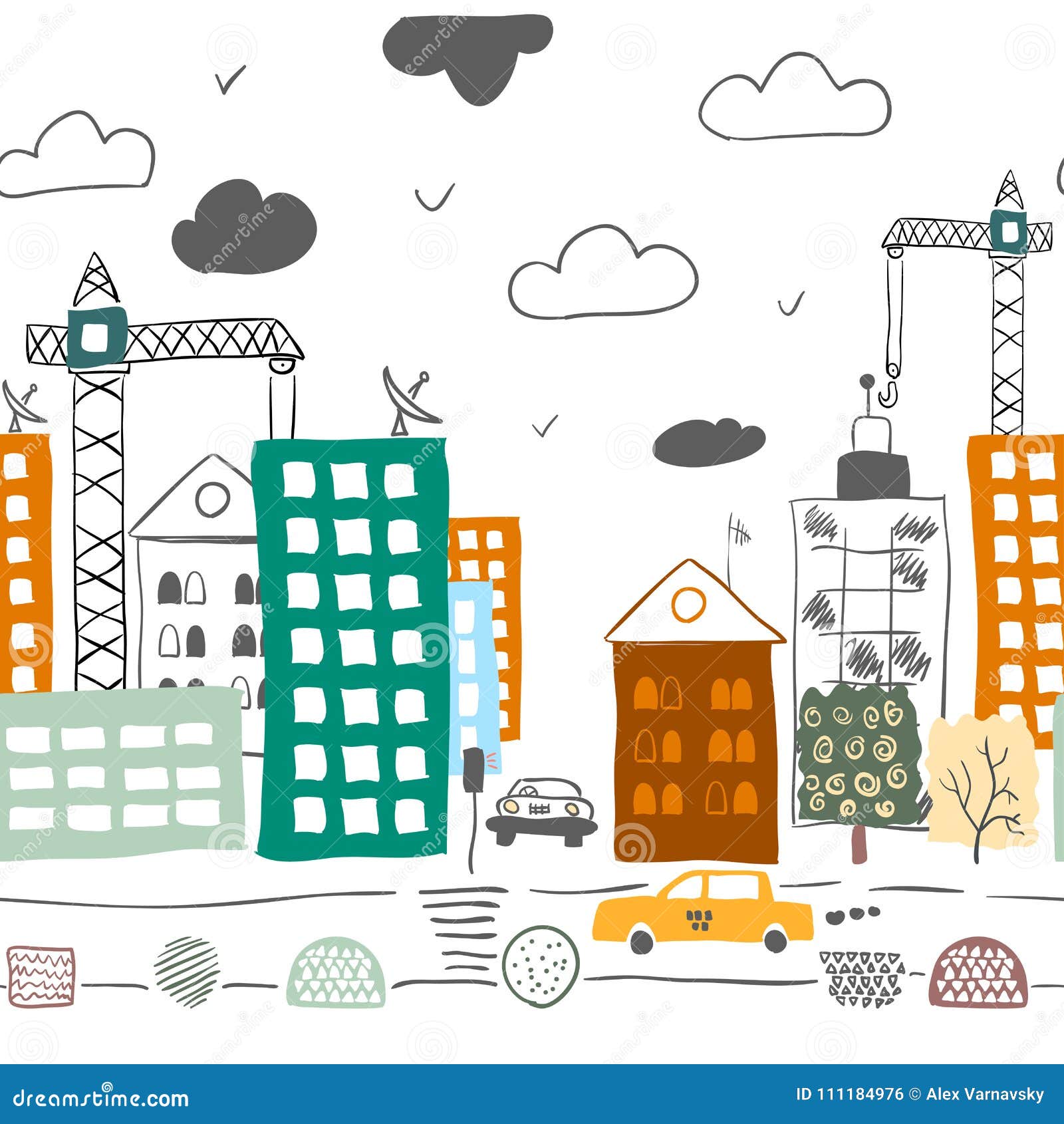 Horizontal Seamless Pattern with Cartoon Street. Vector Illustration ...