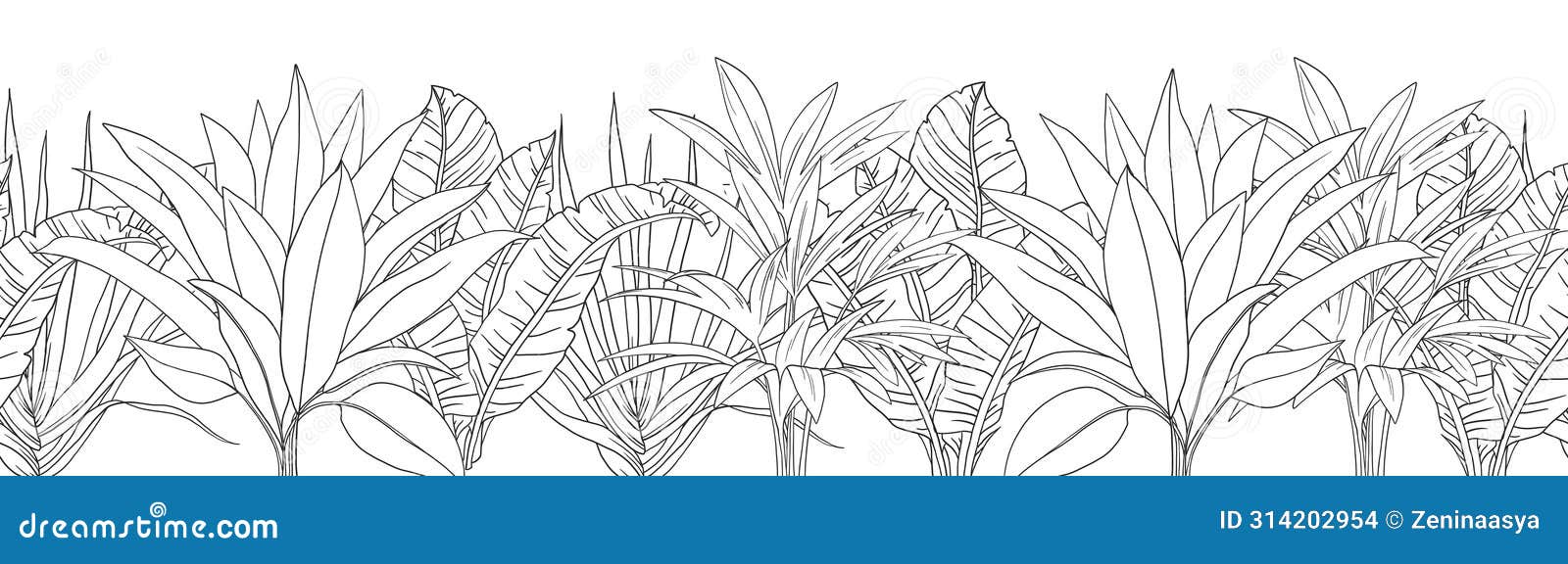 Horizontal Seamless Pattern with Palm Leaves, Palm Tree, Line Art ...