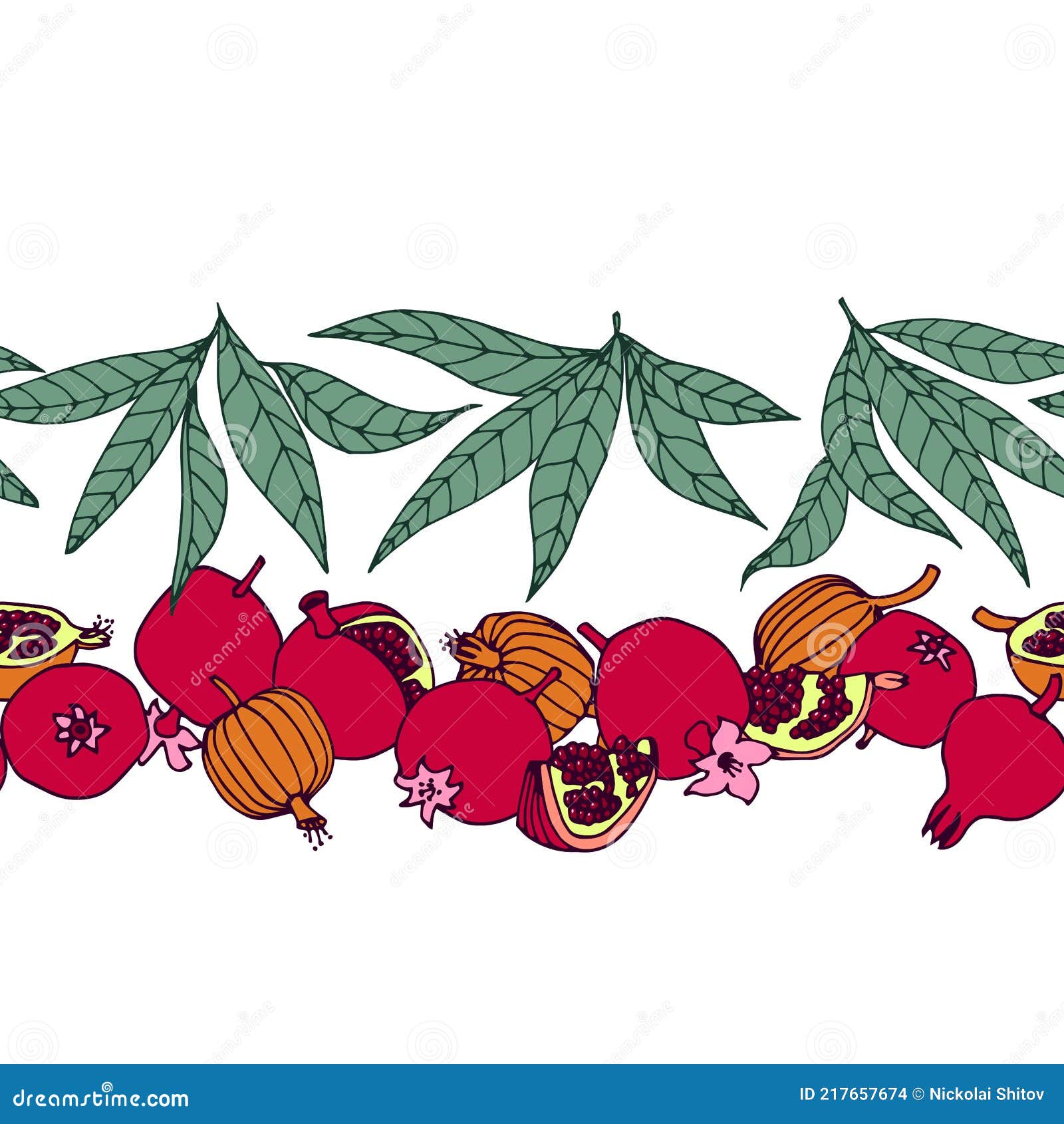 Horizontal Seamless Pattern, Pomegranates with Leaves, Decorative ...