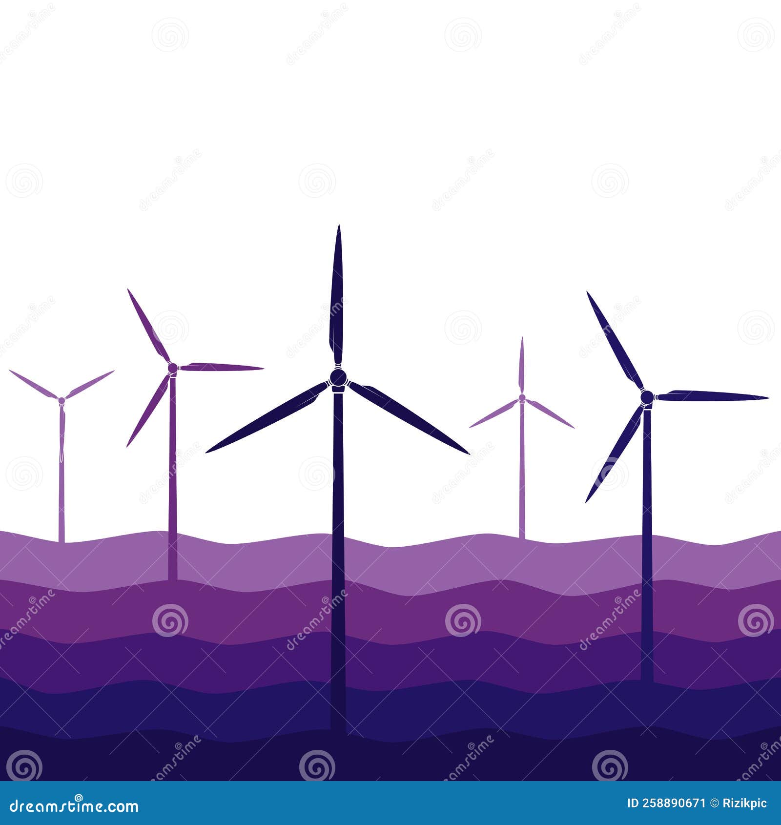 Horizontal Seamless Pattern with Waves and Windmills, Wind Turbines ...