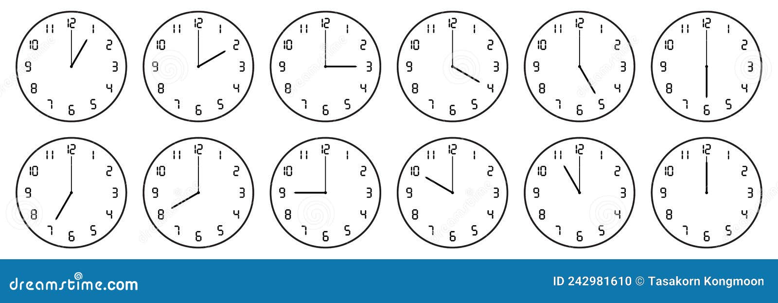 Horizontal Set of Analog Clock with Digital Number Icon Notifying Each ...