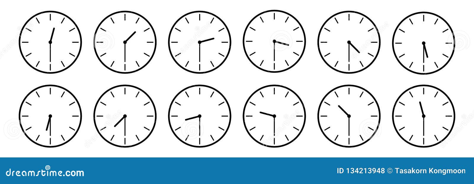 Horizontal Set of Analog Clock Icon Notifying Each Half an Hour Time ...