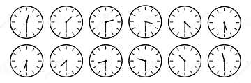 Horizontal Set of Analog Clock Icon Notifying Each Half an Hour Time ...