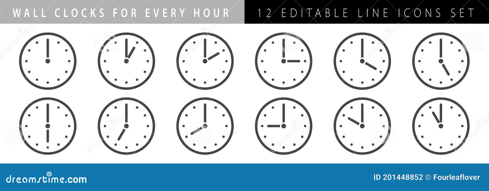 Horizontal Set Of Analog Clock Icon With Short Note Notify Of Each Hour ...