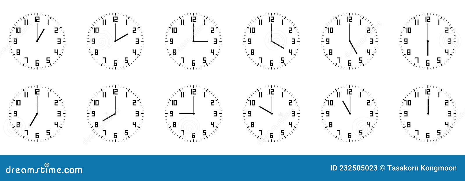 Horizontal Set of Analog Clock Icon with Number Notifying Each Hour ...
