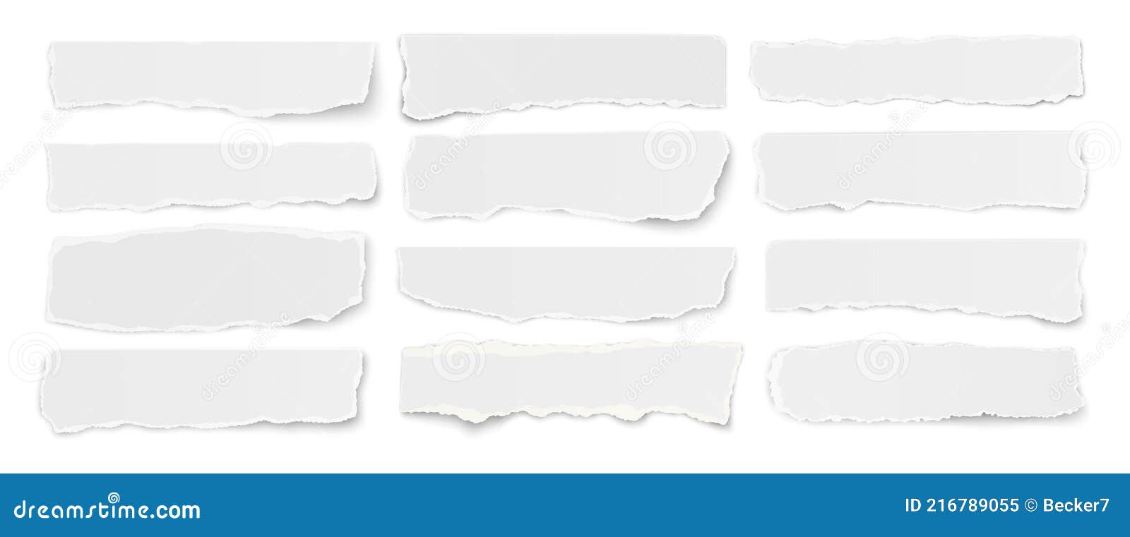 Horizontal Set of Torn Long Pieces of Paper Isolated on a White ...