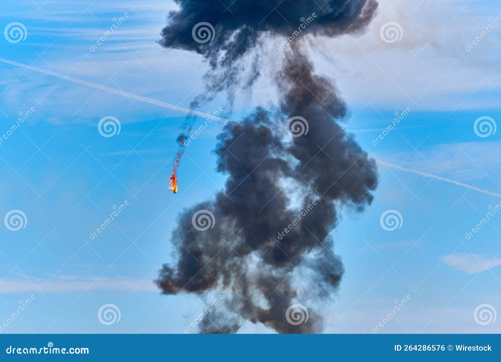 Horizontal Shot of a Big Explosion with Black Smoke and Fire in the ...