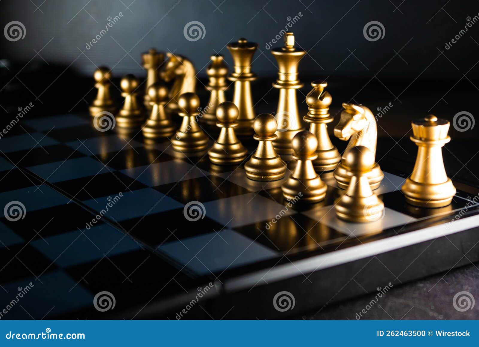 Horizontal Shot of Cool Gold Chess Pieces in the Starting Position ...