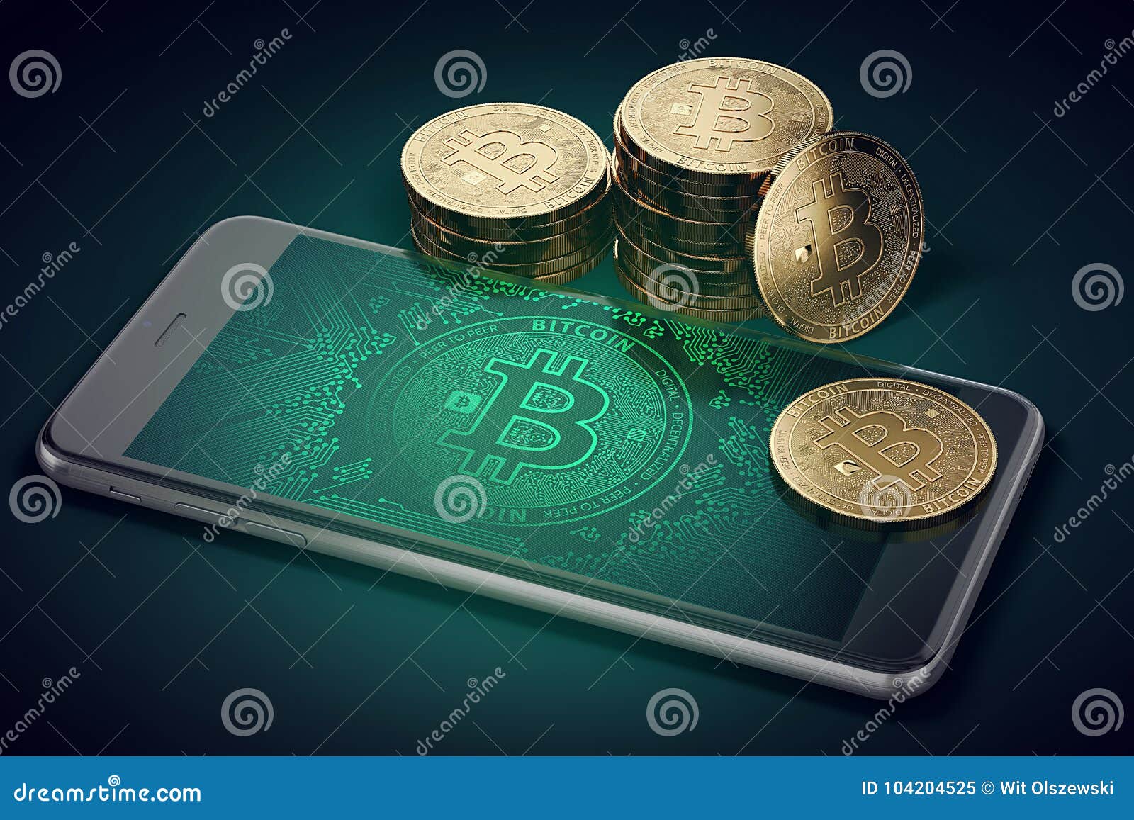 Horizontal Smartphone with Bitcoin Symbol on-screen and Stack of Golden ...