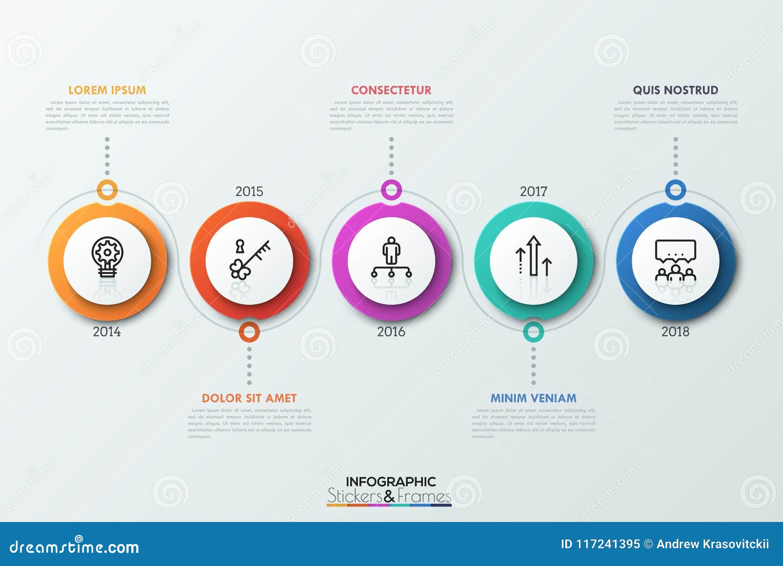 Horizontal Timeline With 5 Circular Elements, Pictograms Inside, Line ...