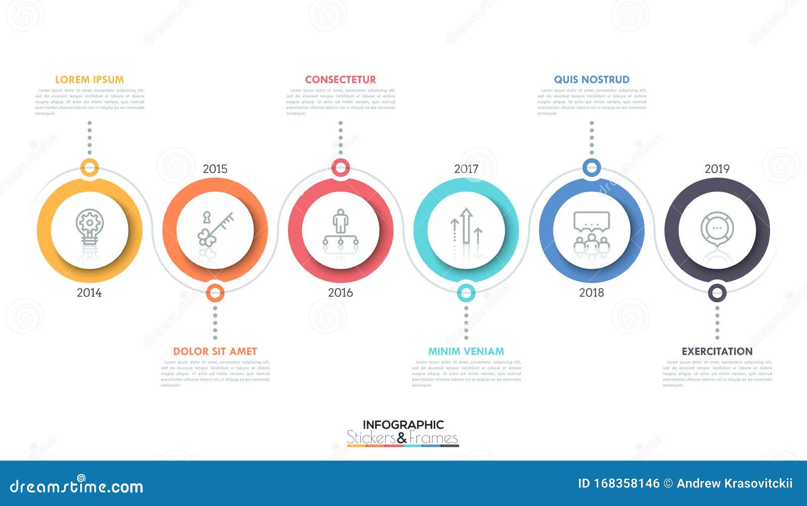 Horizontal Timeline with 6 Circular Elements, Thin Line Icons Inside ...
