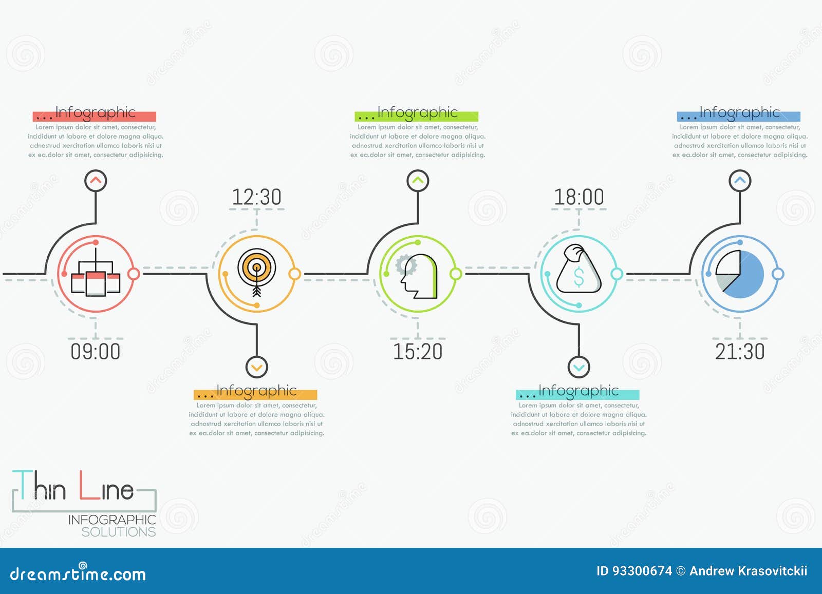 Horizontal Timeline with 5 Round Elements, Time Indication, Pictograms ...