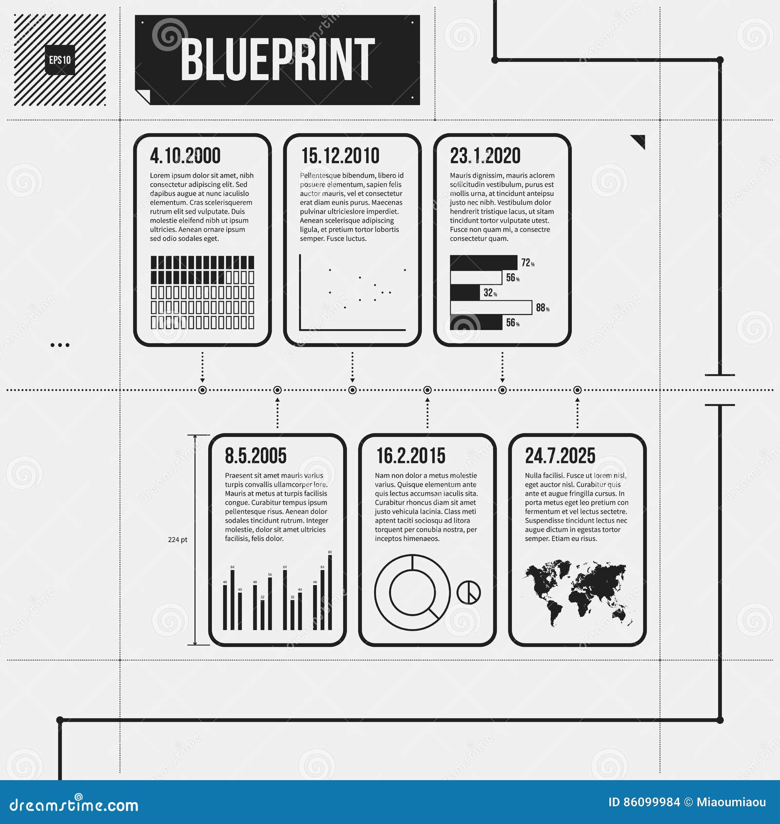 Horizontal Timeline Template with Infographic Elements in Draft Style ...
