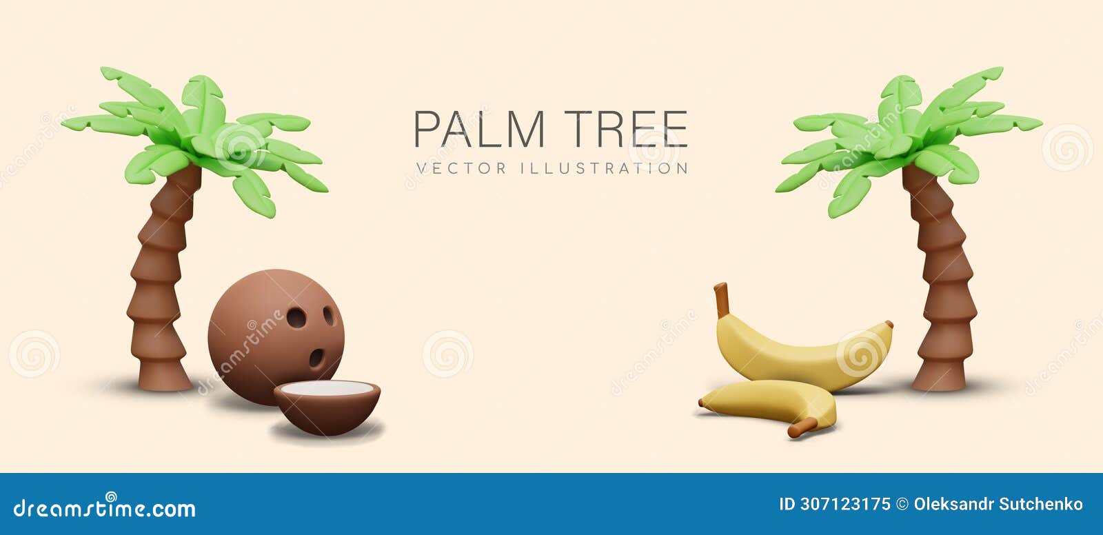 Horizontal Vector Banner with 3D Palm Trees, Coconut, Banana Stock ...