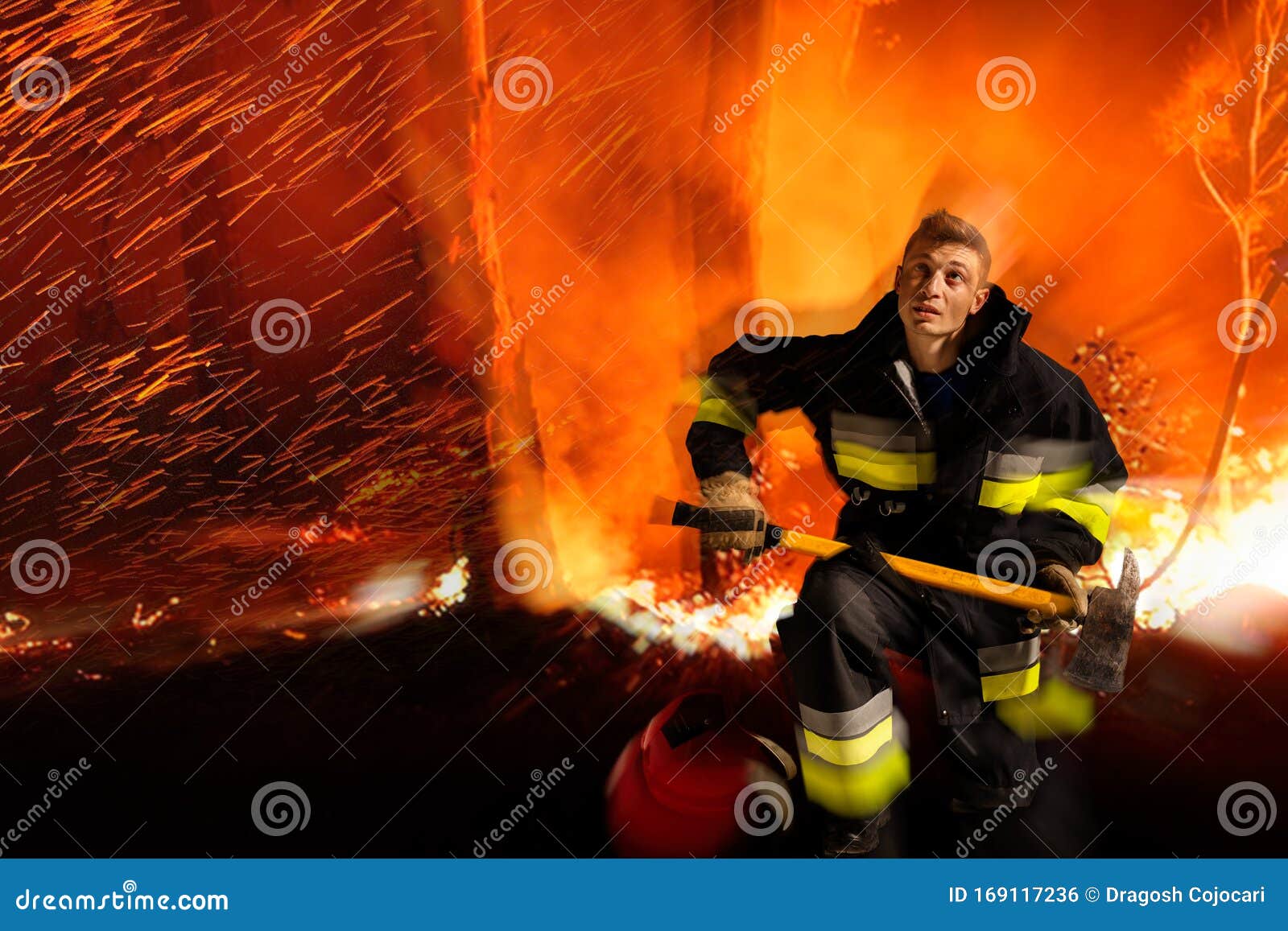 Equipped Firefighter is in Fire, Life Threatening, Flames in Forest ...