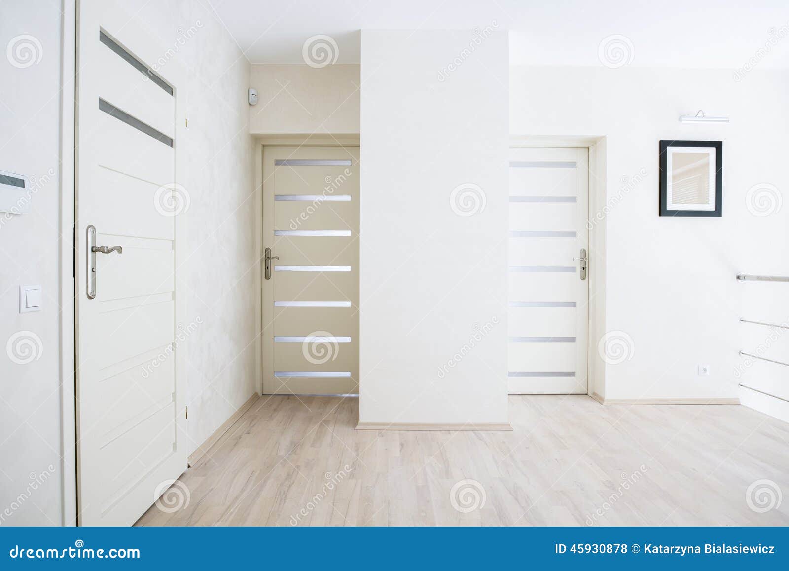 Horizontal View of Hall with White Doors Stock Photo - Image of door ...