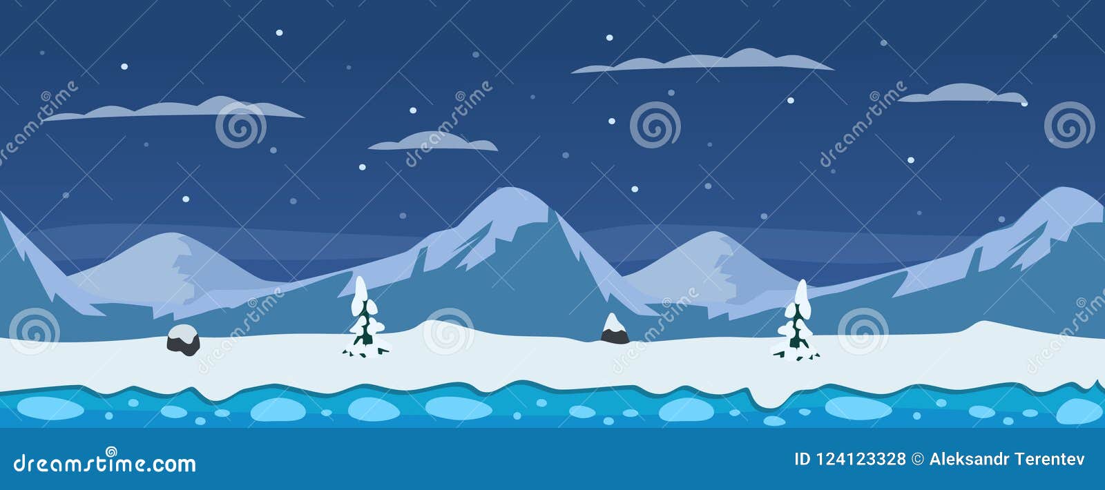 Horizontal Winter Background with Mountains, Snow, Ice and Pine Trees ...