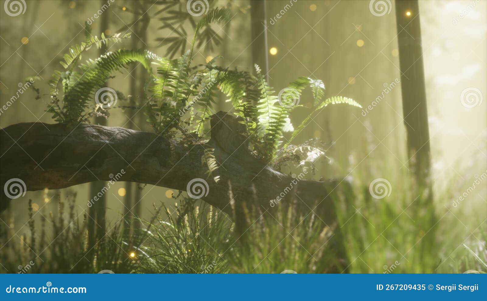 Horizontally Bending Tree Trunk with Ferns Growing, and Sunlight ...