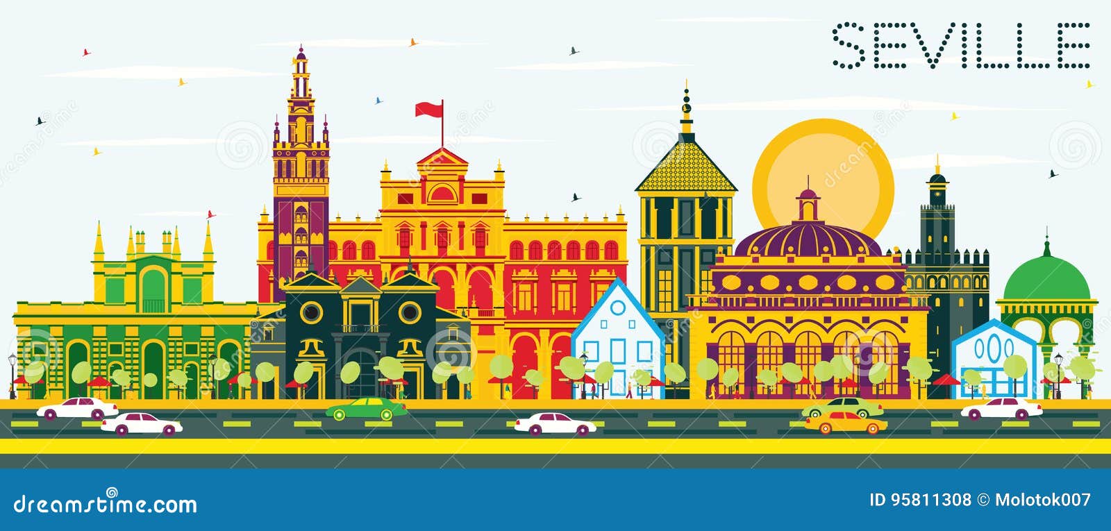 Horizonte De Sevilla Con Los Edificios Del Color Y El Cielo Azul ...