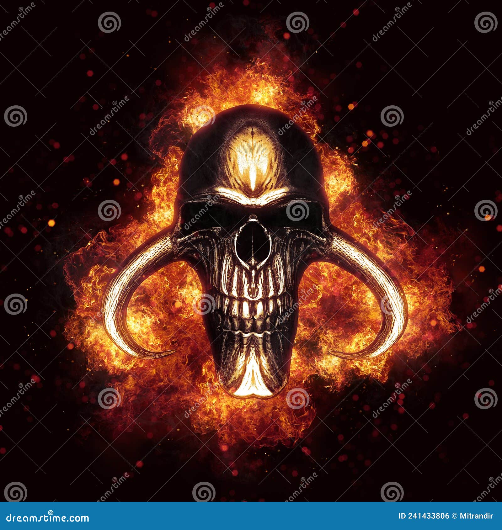 Horned Demon Skull Engulfed in Fire and Flames Stock Illustration ...