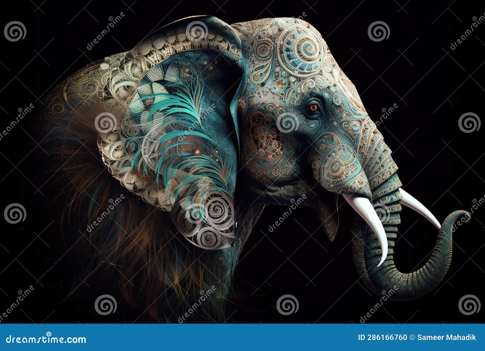 A Horned Elephant with Peacock Feathers. Generative AI Stock ...