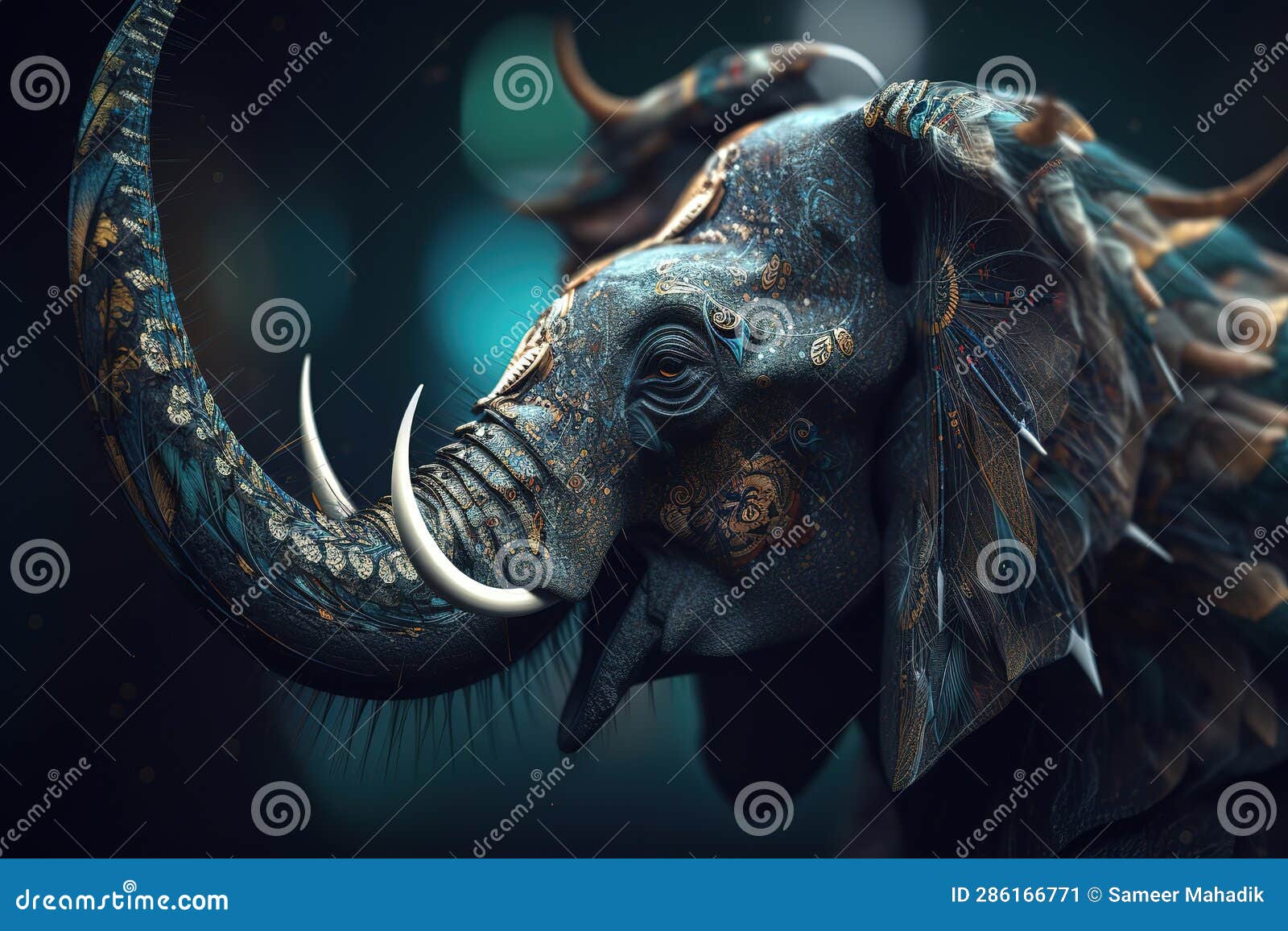 A Horned Elephant with Peacock Feathers. Generative AI Stock ...