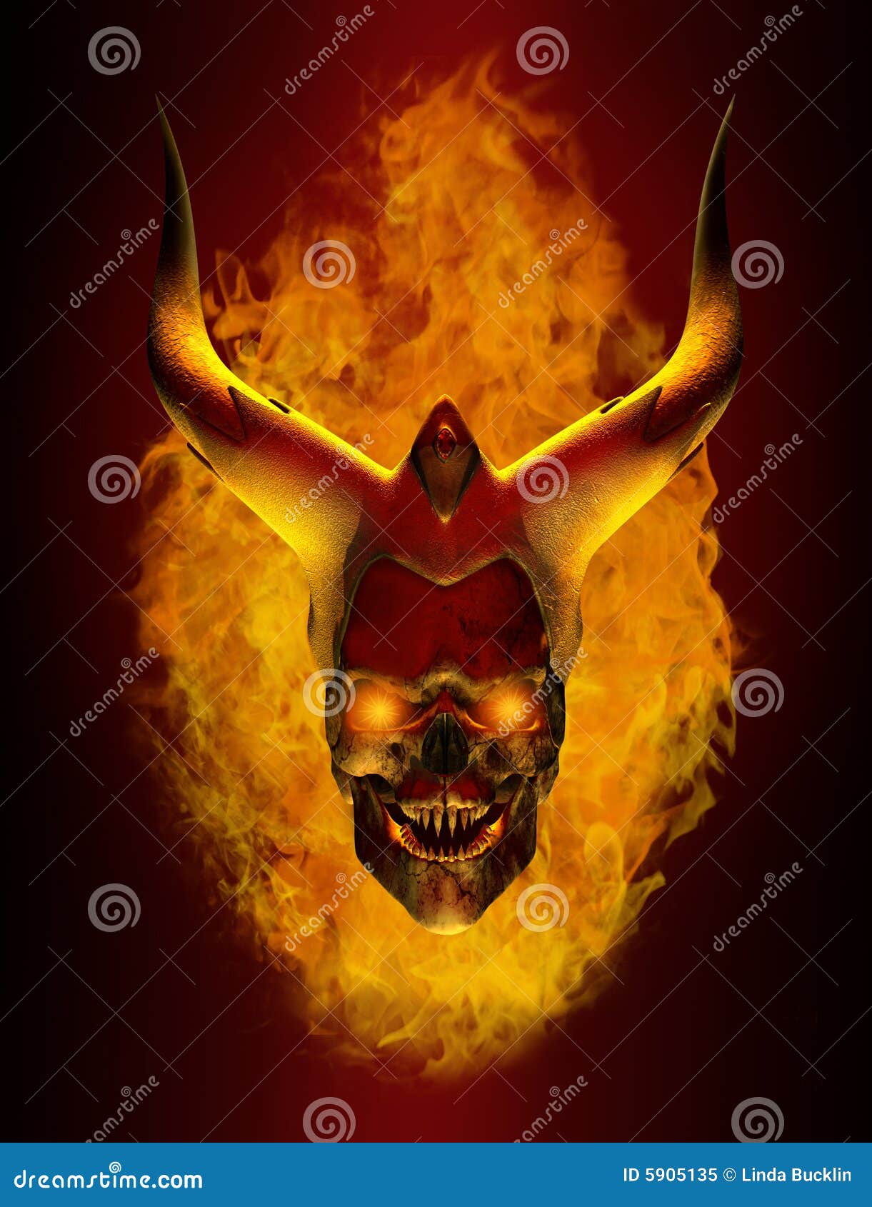 Horned Flaming Demon skull stock illustration. Illustration of ...