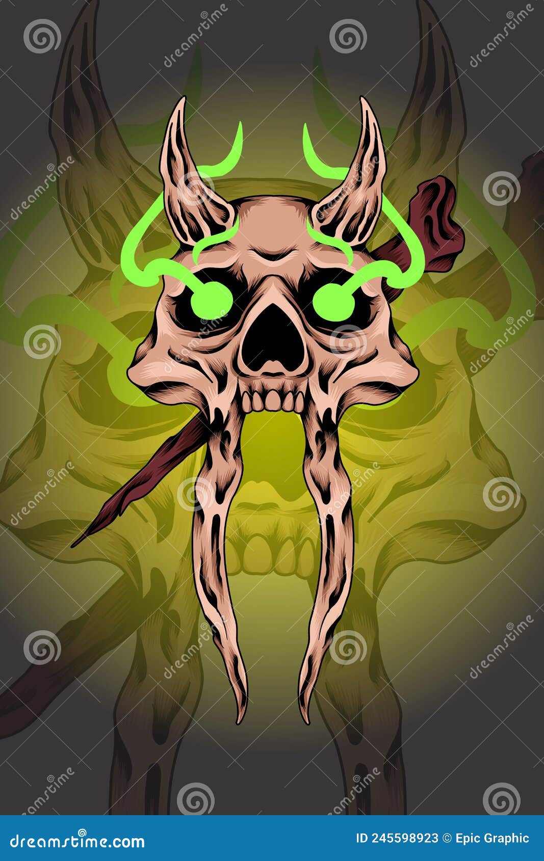 Horned Skull with Bone Vector Illustration Stock Vector - Illustration ...