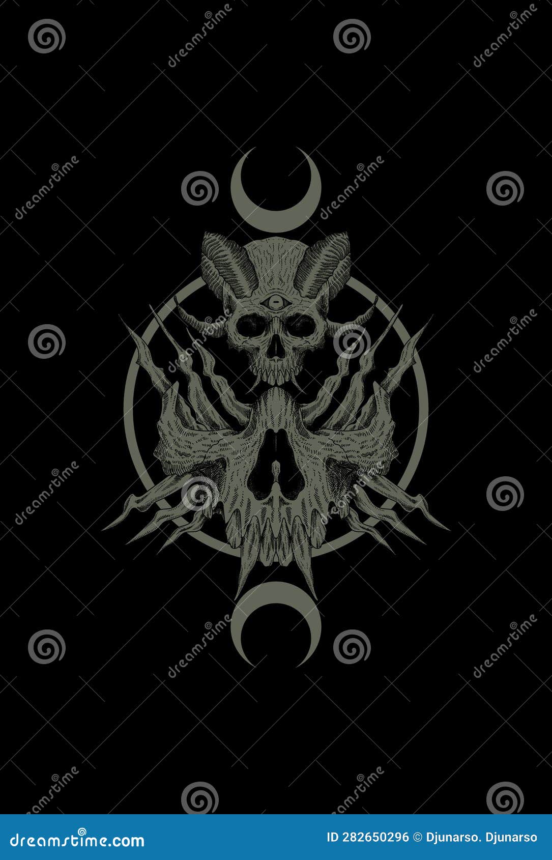 Horned Skull Temple with Bone Artwork Illustration Stock Vector ...