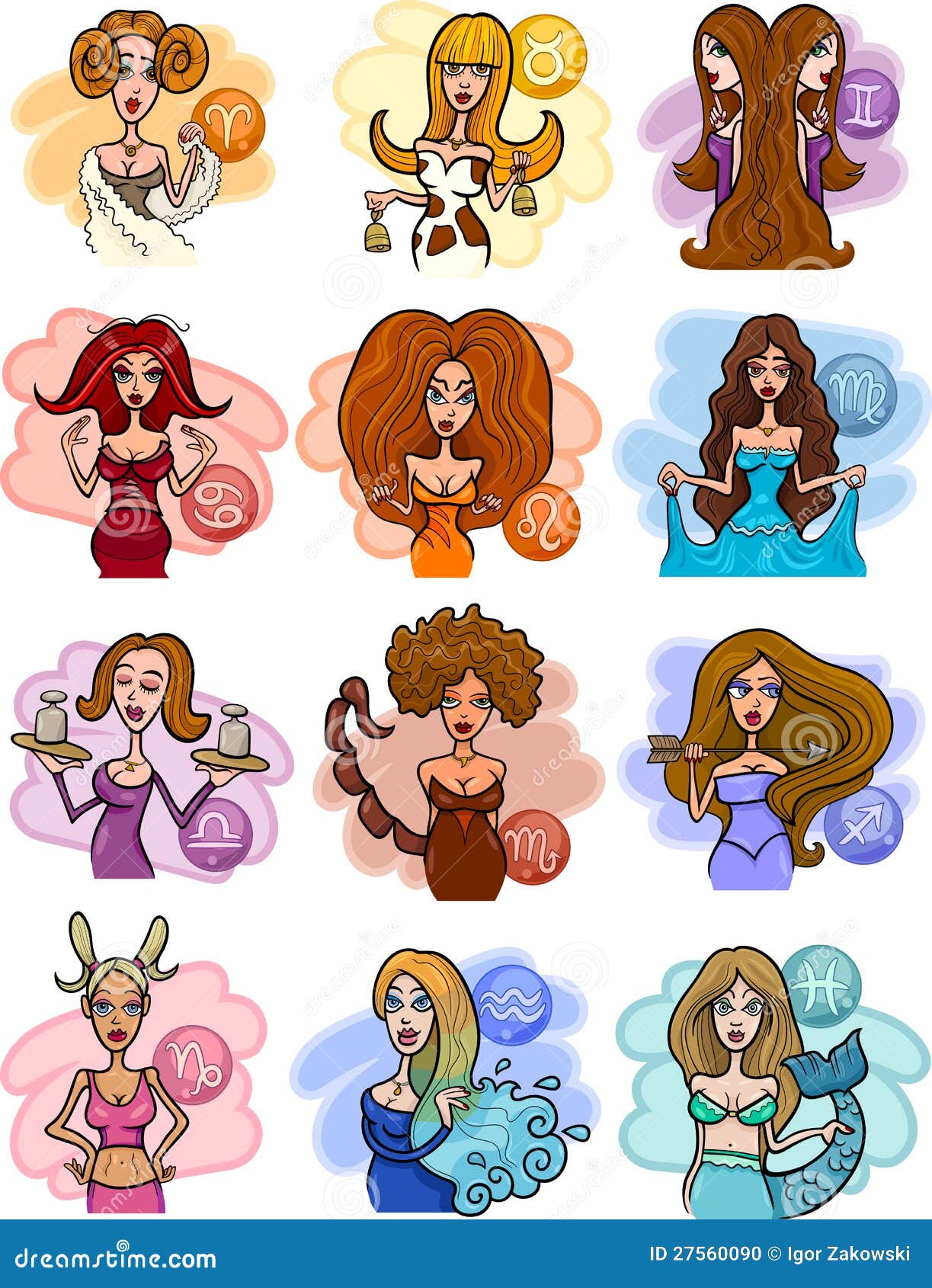 Horoscope Zodiac Signs with Women Stock Vector - Illustration of gown ...