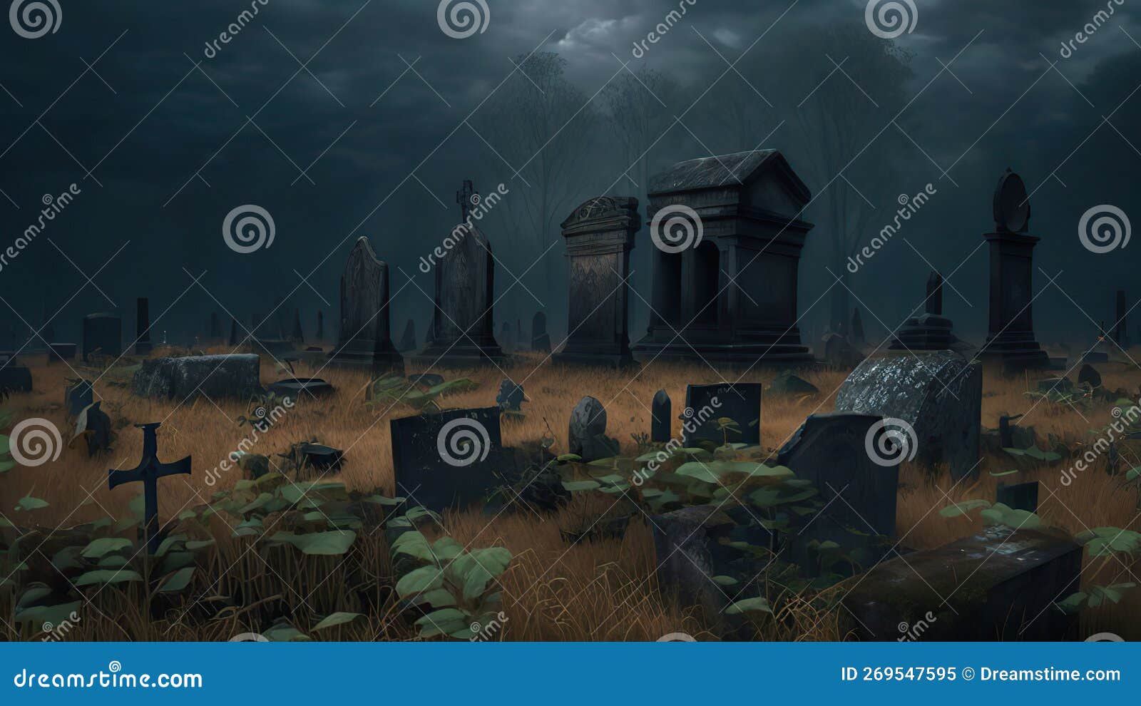 Horror Cemetery on the Night of Dark Clouds Covered with Horror Stock ...