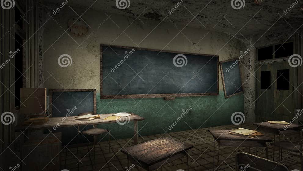 Horror and Creepy Classroom in the School. 3D Rendering Stock ...