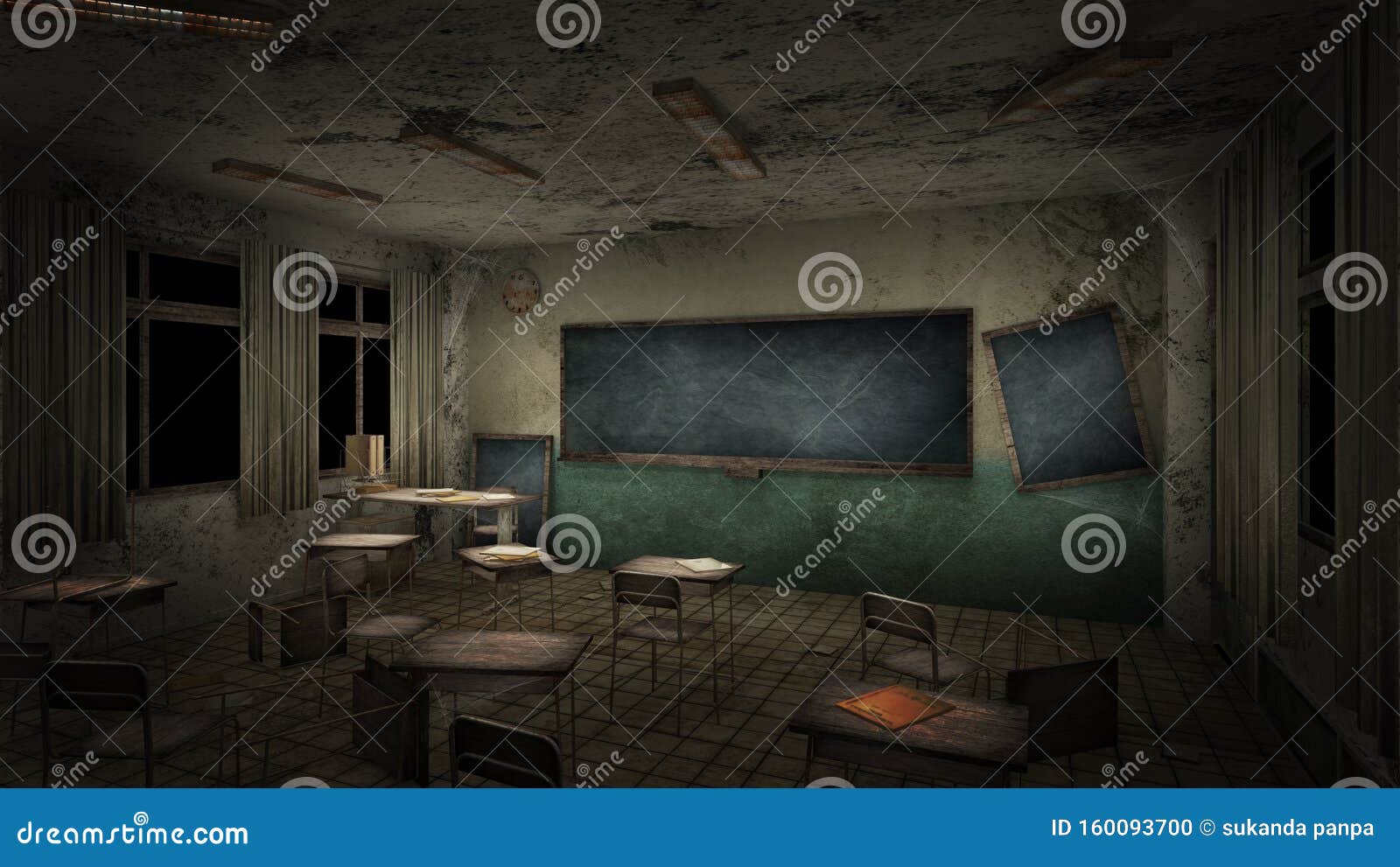 Horror and Creepy Classroom in the School. 3D Rendering Stock ...