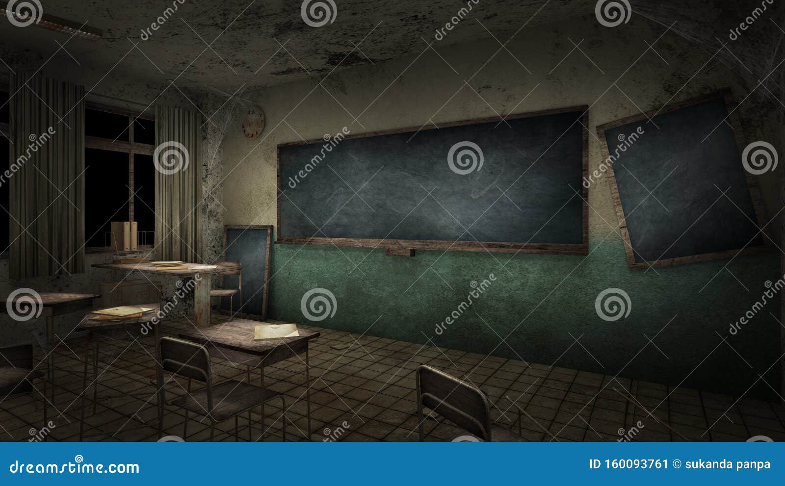Horror and Creepy Classroom in the School. 3D Rendering Stock ...