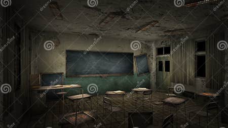 Horror and Creepy Classroom in the School. 3D Rendering Stock ...