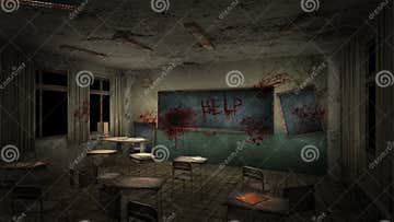 Horror and Creepy Classroom in the School with Text Help Blood. 3D ...