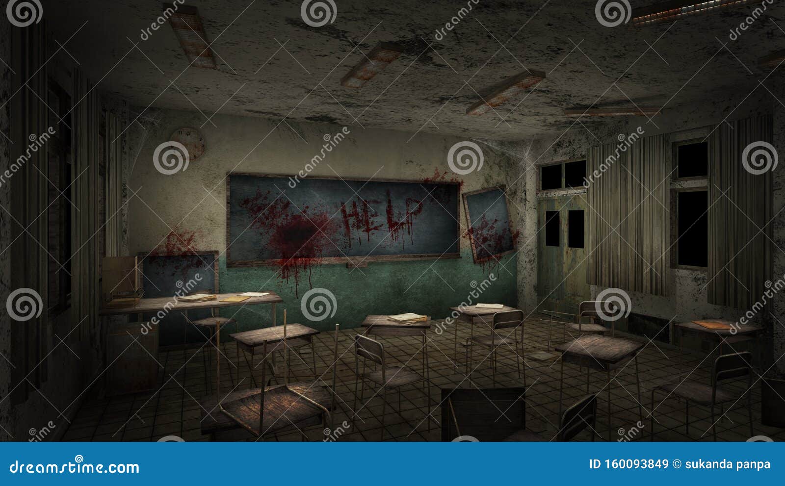 Horror and Creepy Classroom in the School with Text Help Blood. 3D ...