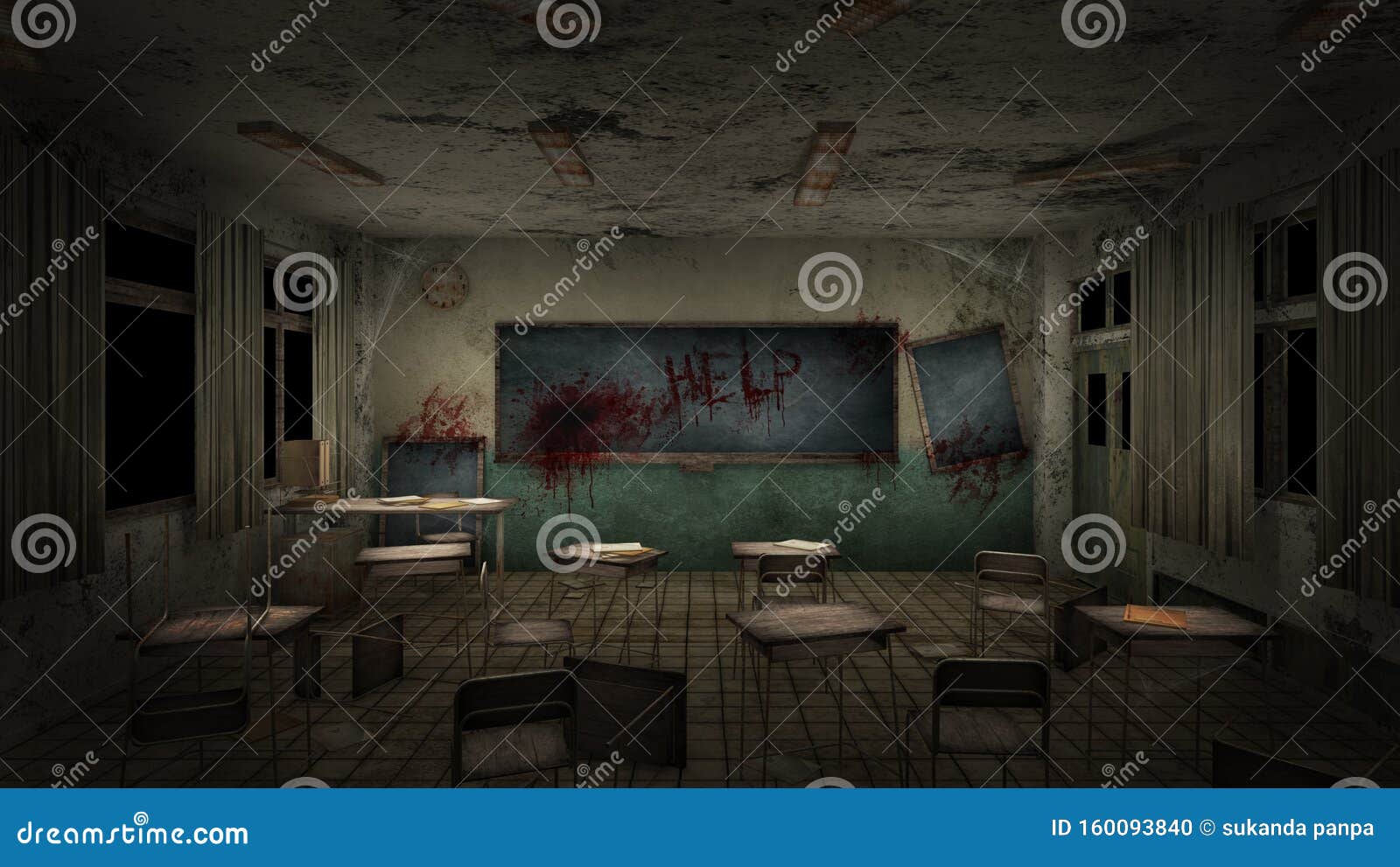 Horror and Creepy Classroom in the School with Text Help Blood. 3D ...